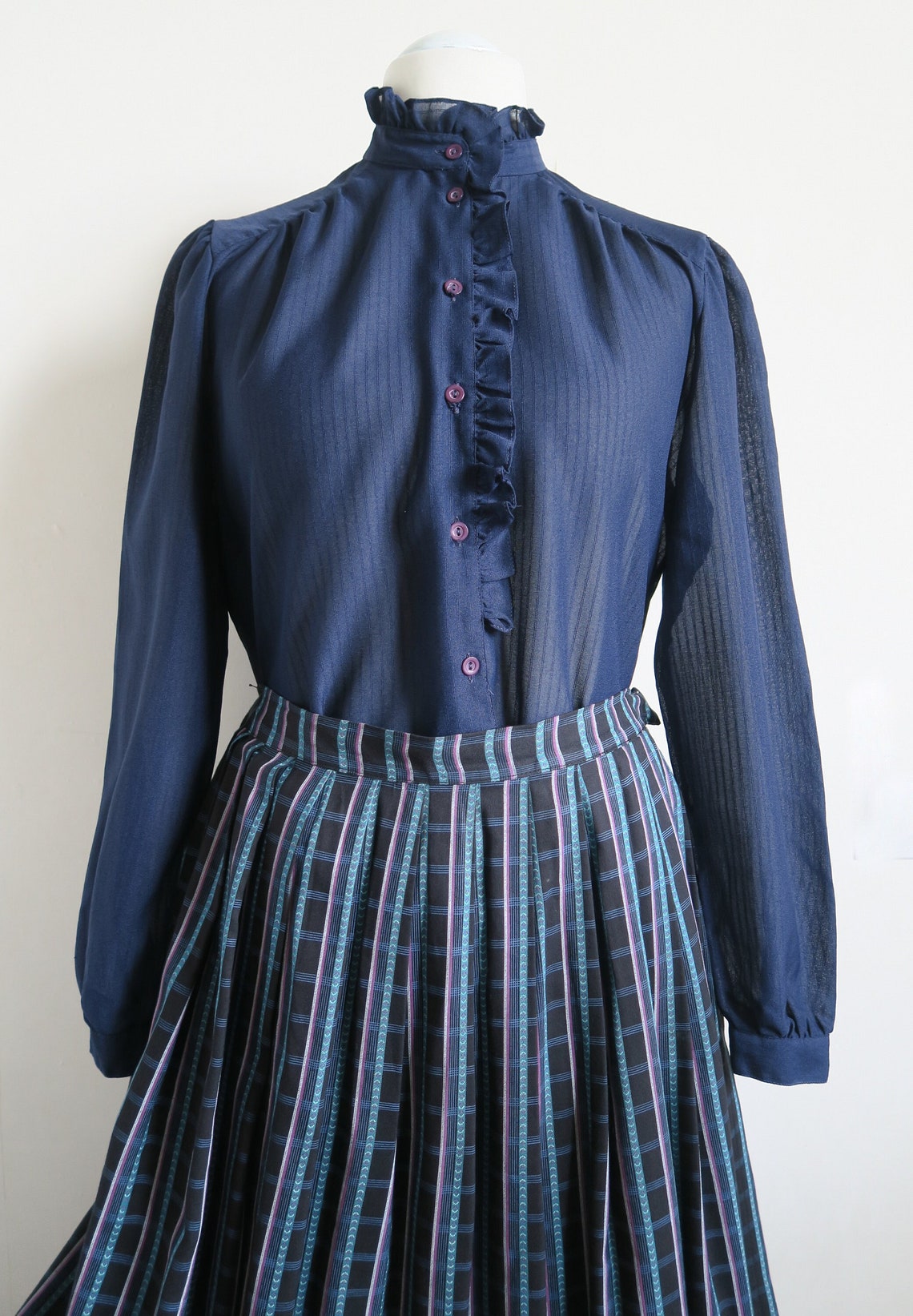 High Neck Ruffle Collar Blouse Sheer Navy Blue Shirt Etsy