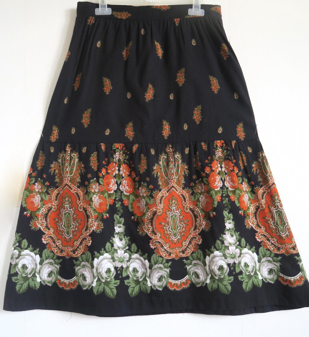 Roses & Paisley Folklore Tiered Skirt, Shawl Print Ethnic Boho Skirt ...