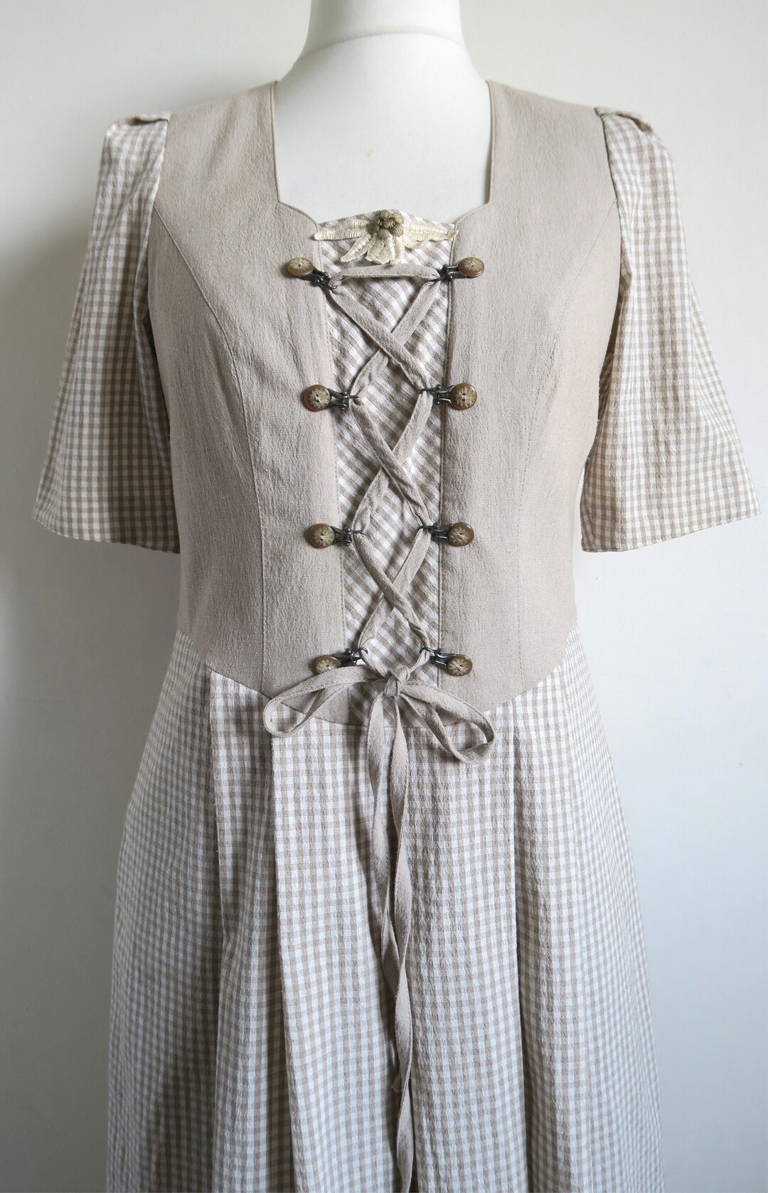 German Dirndl Dress by Petressa, Beige Trachten Gown, Checked Pleated ...