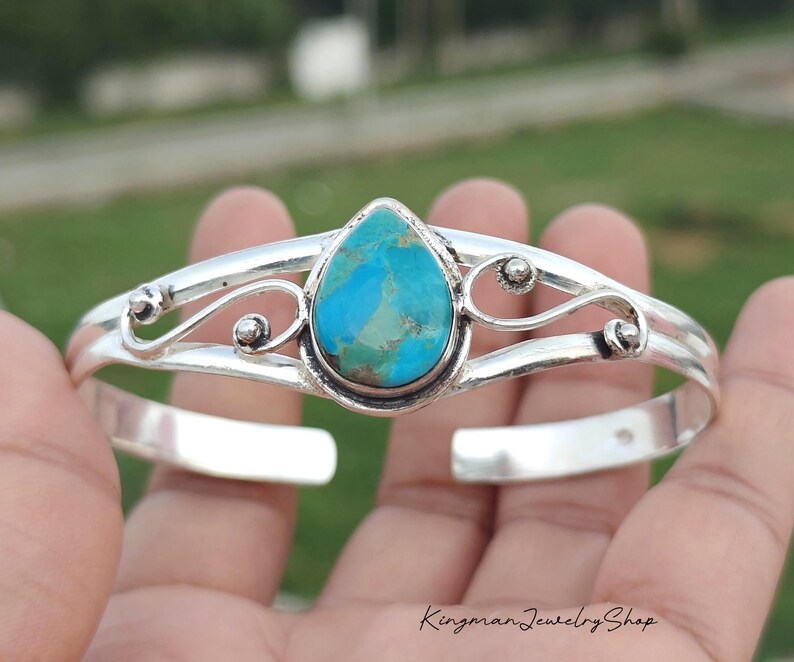 Kingman Arizona Turquoise Cuff Bracelet - 925 Sterling Silver Teardrop ...