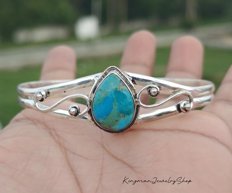 Kingman Arizona Turquoise Cuff Bracelet - 925 Sterling Silver Teardrop ...