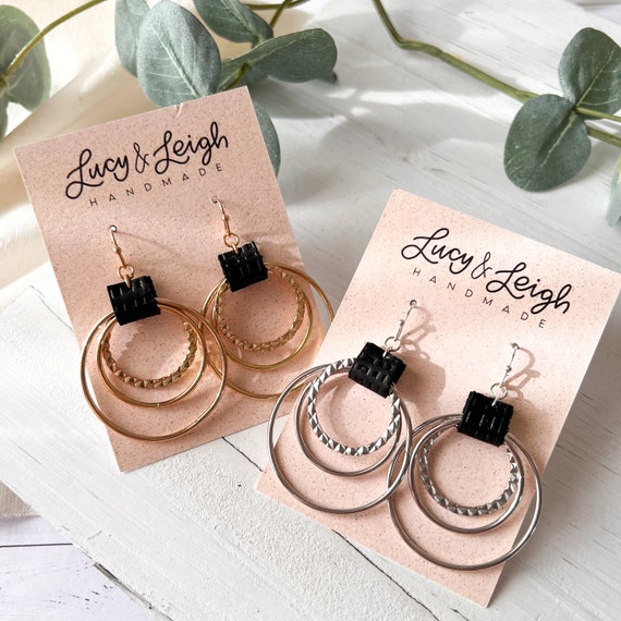 LucyandLeigh Metal and Leather Earrings Handmade Nickel Free Earrings Dangle Boho Chic Jewelry Oversized Hoop Earrings Lucille Custom Color