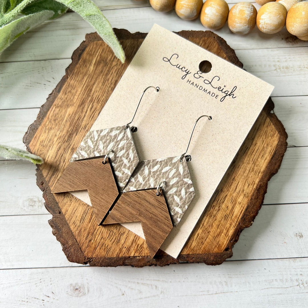 Handmade Leather Earring, Leather and Wood Earring, Chevron Earring ...