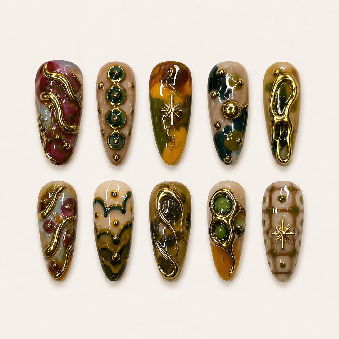 Luxury Gold Chrome Press on Nails, Abstract Olive Green Nail Set ...