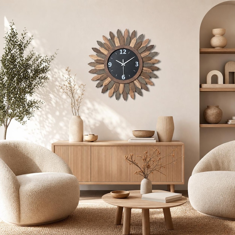 Boho Sunburst Wood Oversized Wall Clock | Silent Solid Wood Farmhouse ...