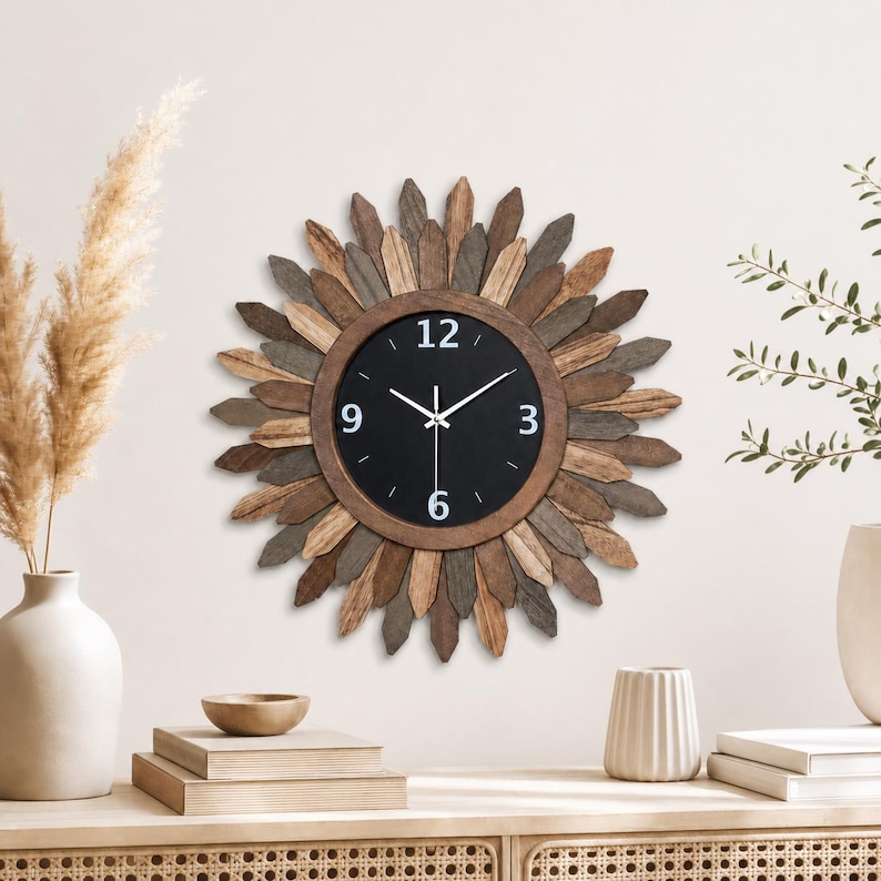 Boho Sunburst Wood Oversized Wall Clock | Silent Solid Wood Farmhouse ...