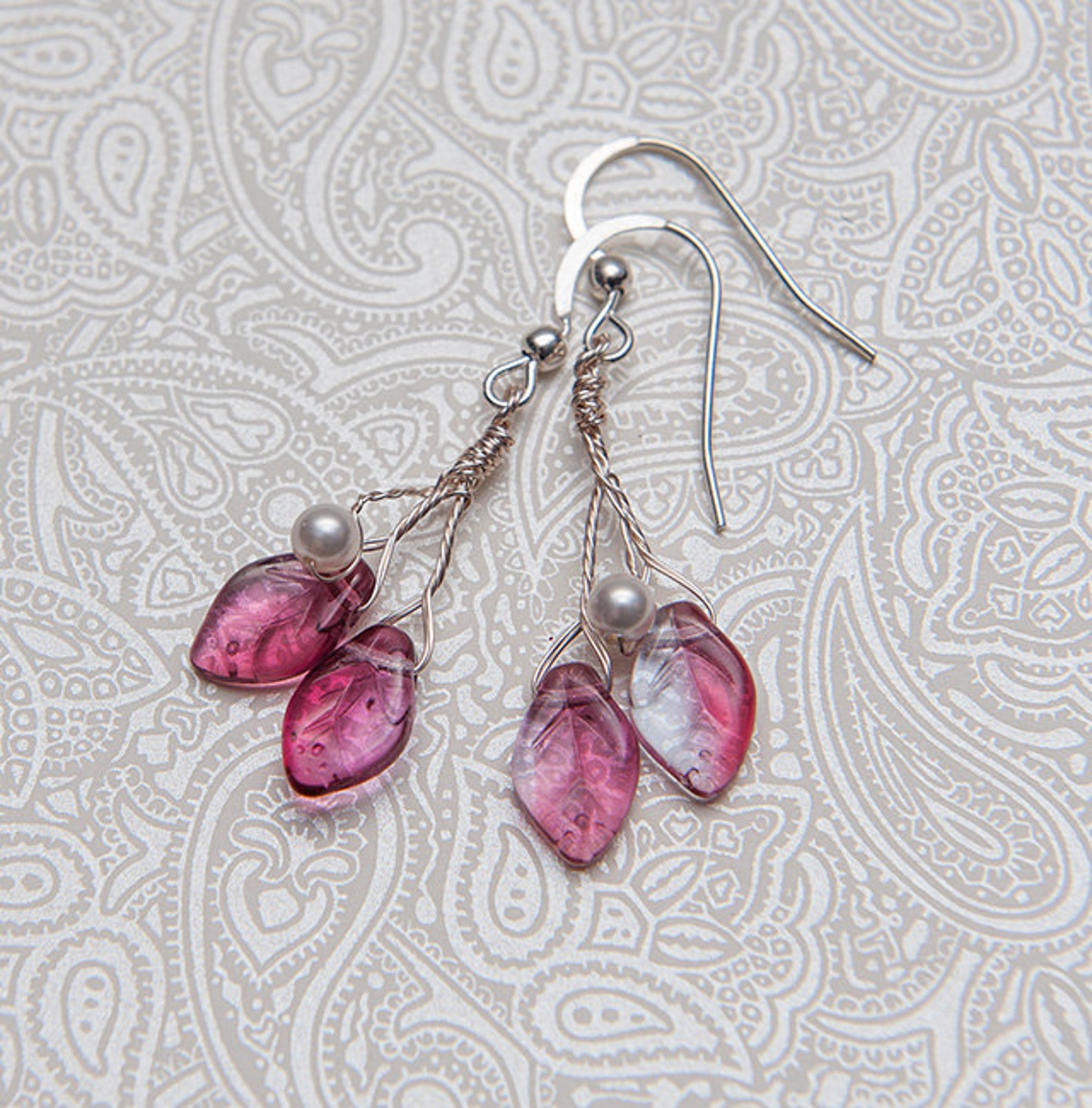 Pink Dangle Leaf Earrings, Pink Beaded Earrings With Swarovski Pearl ...