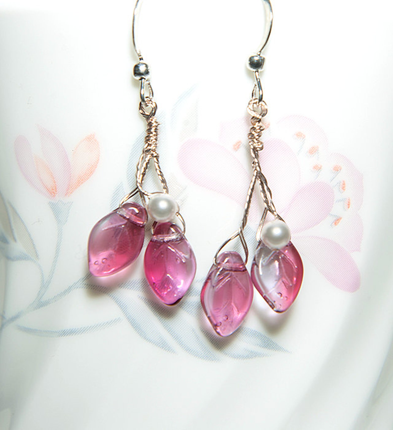 Pink Dangle Leaf Earrings, Pink Beaded Earrings With Swarovski Pearl ...