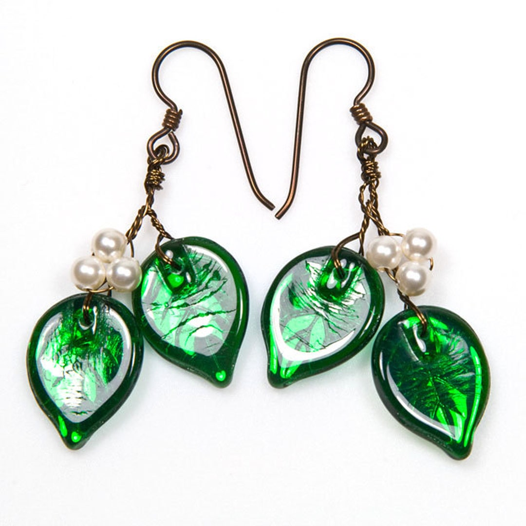 White Green Dangle Earrings, Green Leaf Dangle Earrings, Gift for Her ...