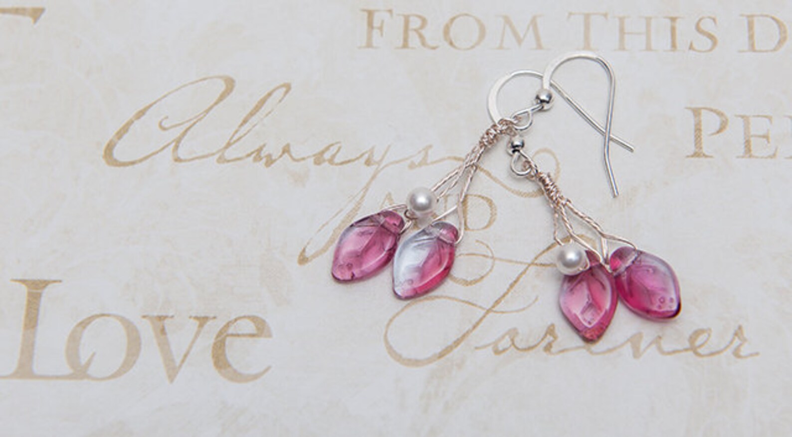 Pink Dangle Leaf Earrings, Pink Beaded Earrings With Swarovski Pearl ...