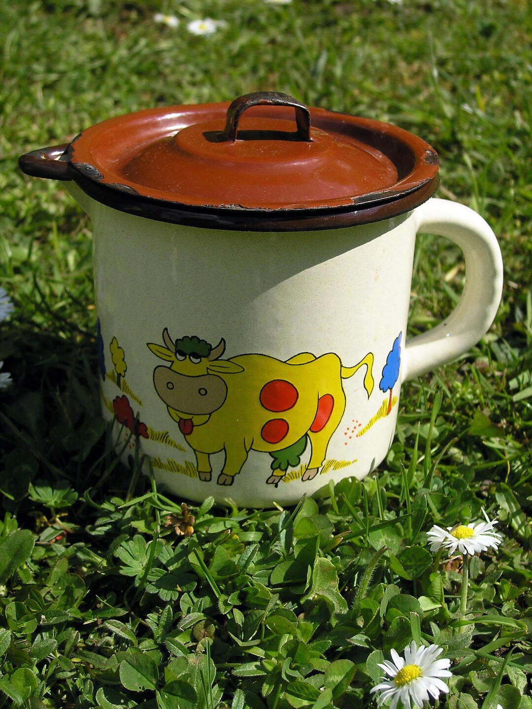 Vintage Enamel Milk Pitcher With Cow, Milk Heating Pot, Milk Jug ...