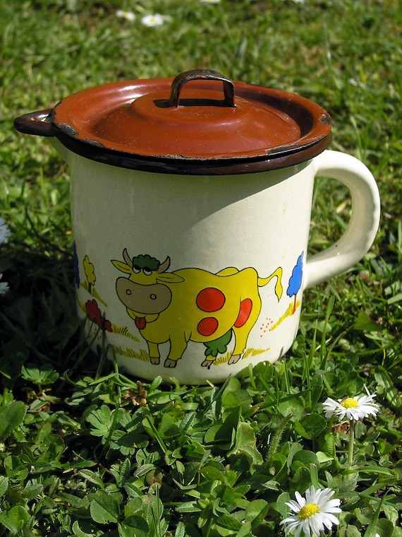 Vintage Enamel Milk Pitcher With Cow Milk Heating Pot Milk | Etsy