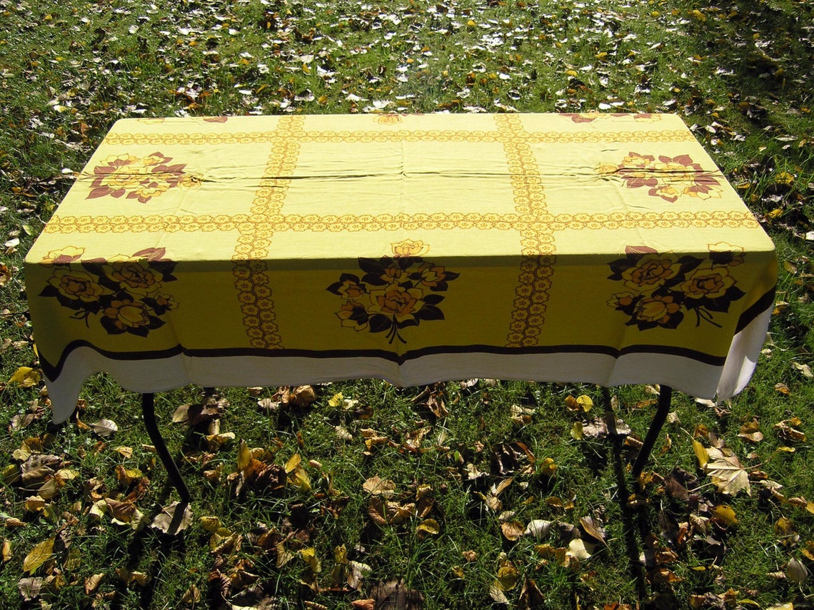 Vintage Yellow Floral Tablecloth, Mid Century Rectangular Cotton ...