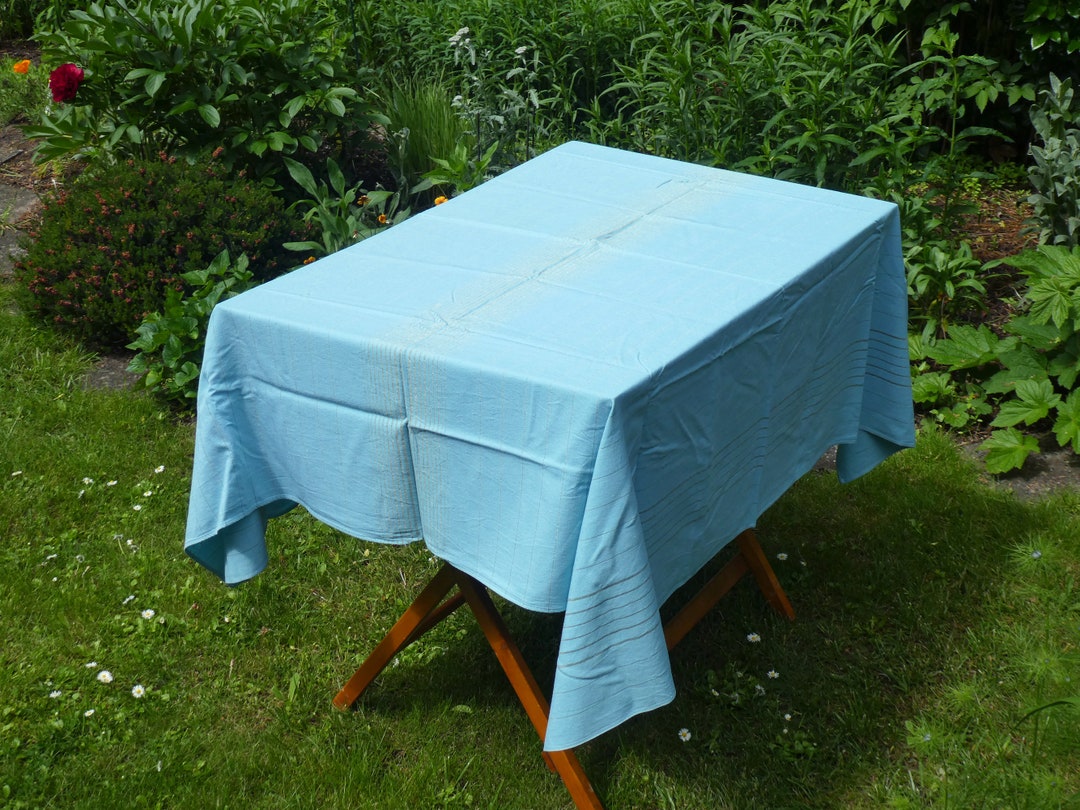 Vintage 1980s Sky Blue Tablecloth With Metallic Silver Stripes, Large ...