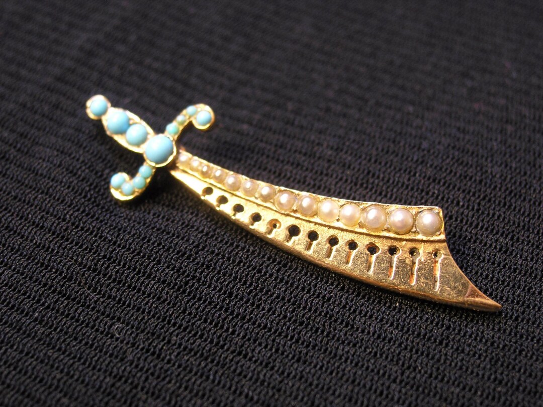 Antique 14k Yellow Gold Sword Pin With Turquoise and Seed Pearls From ...