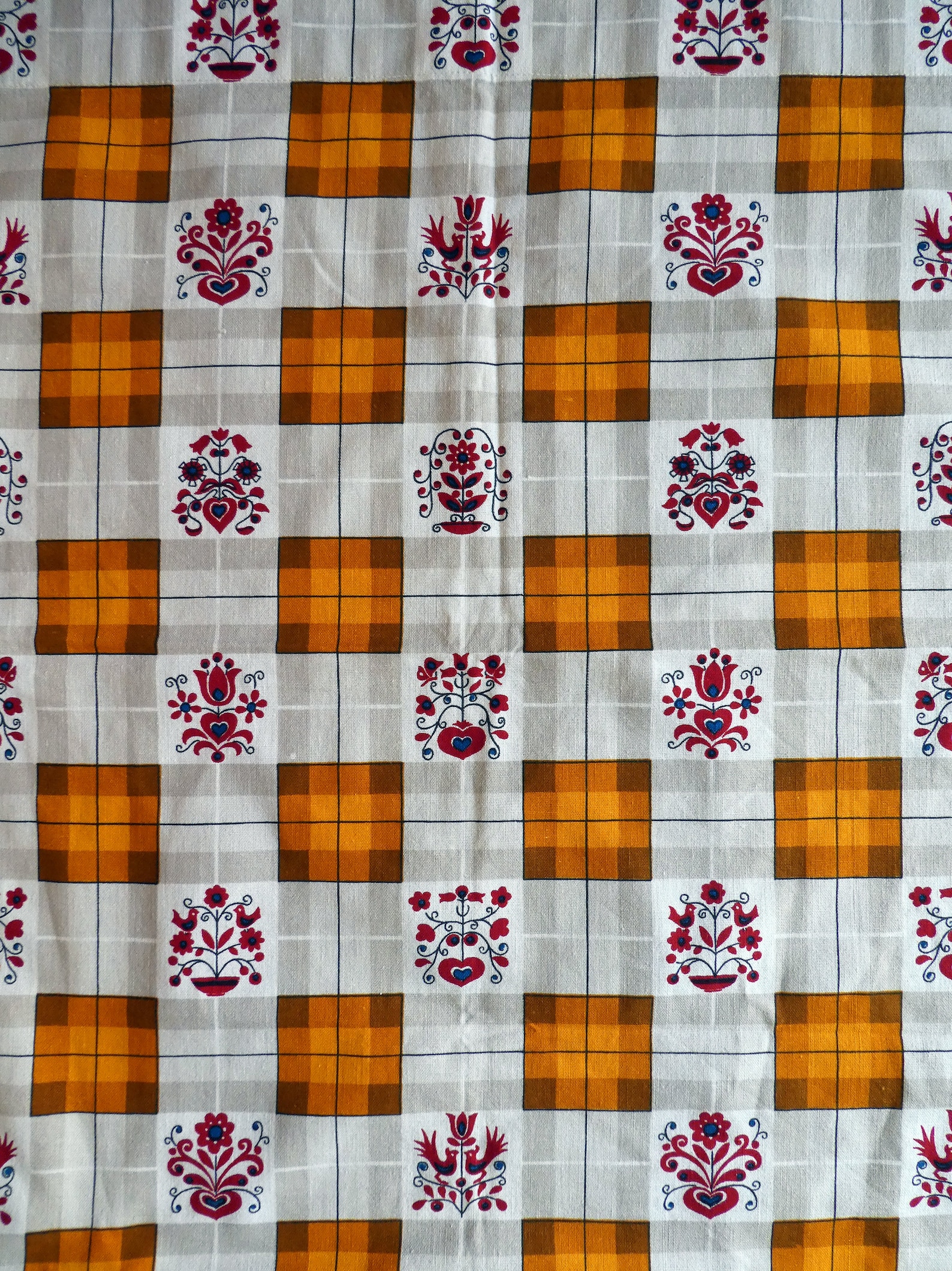 Vintage Kitchen Curtain or Fabric Remnant, Mustard Yellow and Grey ...