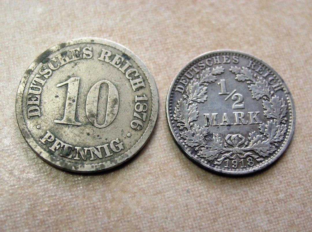 German Coins From 1876 and 1918, Collectible German 1/2 Mark and 10 ...