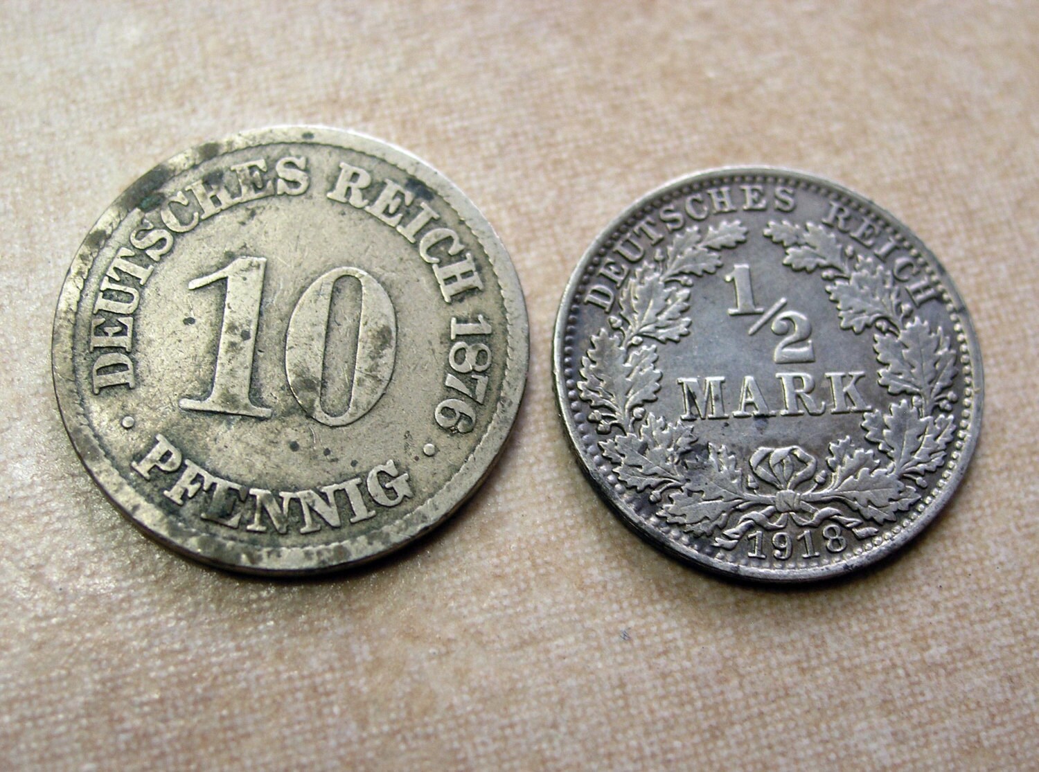 German Coins From 1876 and 1918, Collectible German 1/2 Mark and 10 ...