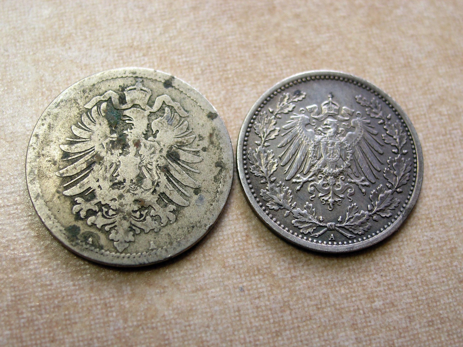 German Coins From 1876 and 1918, Collectible German 1/2 Mark and 10 ...