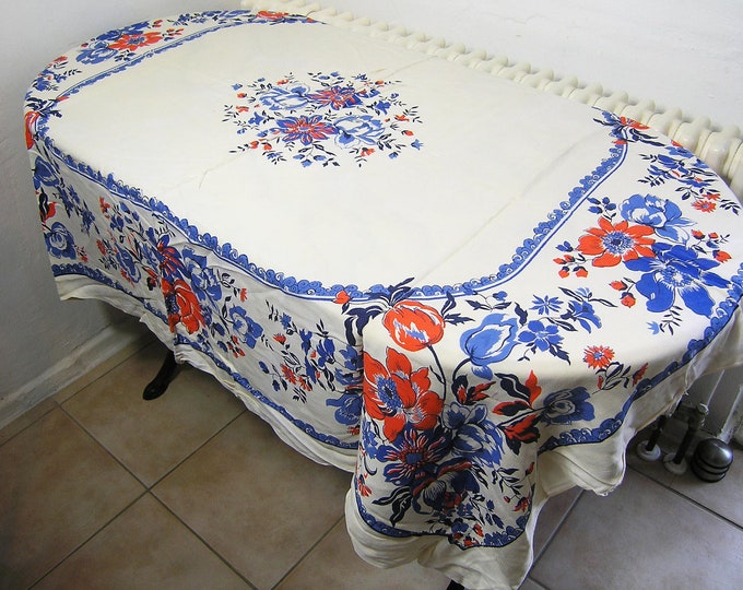 Vintage Floral Tablecloth, Large Retro Cotton Tablecloth, Vintage ...