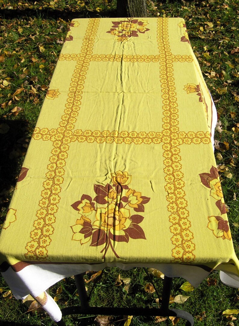 Vintage Yellow Floral Tablecloth, Mid Century Rectangular Cotton ...