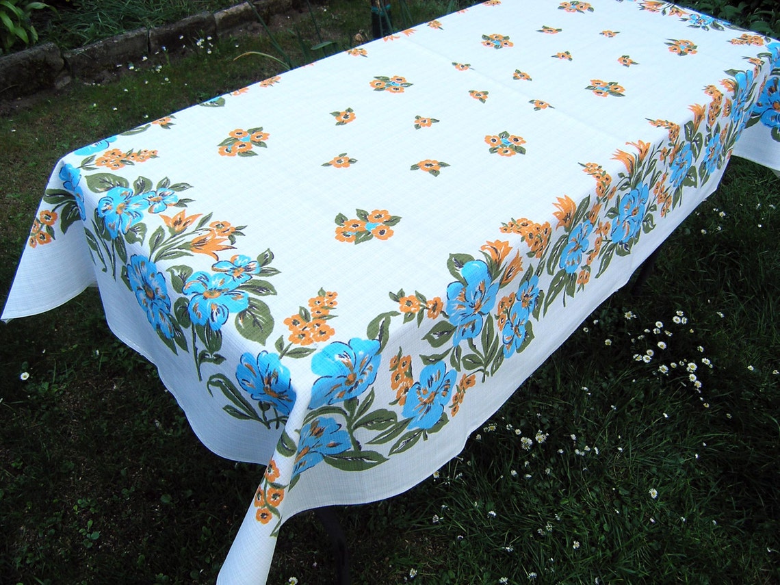 Vintage Blue Floral Tablecloth, Synthetic Rectangular Tablecloth With ...