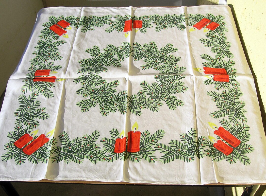 Vintage Christmas Tablecloth, Bright Candles Pine Leaves Tablecloth ...