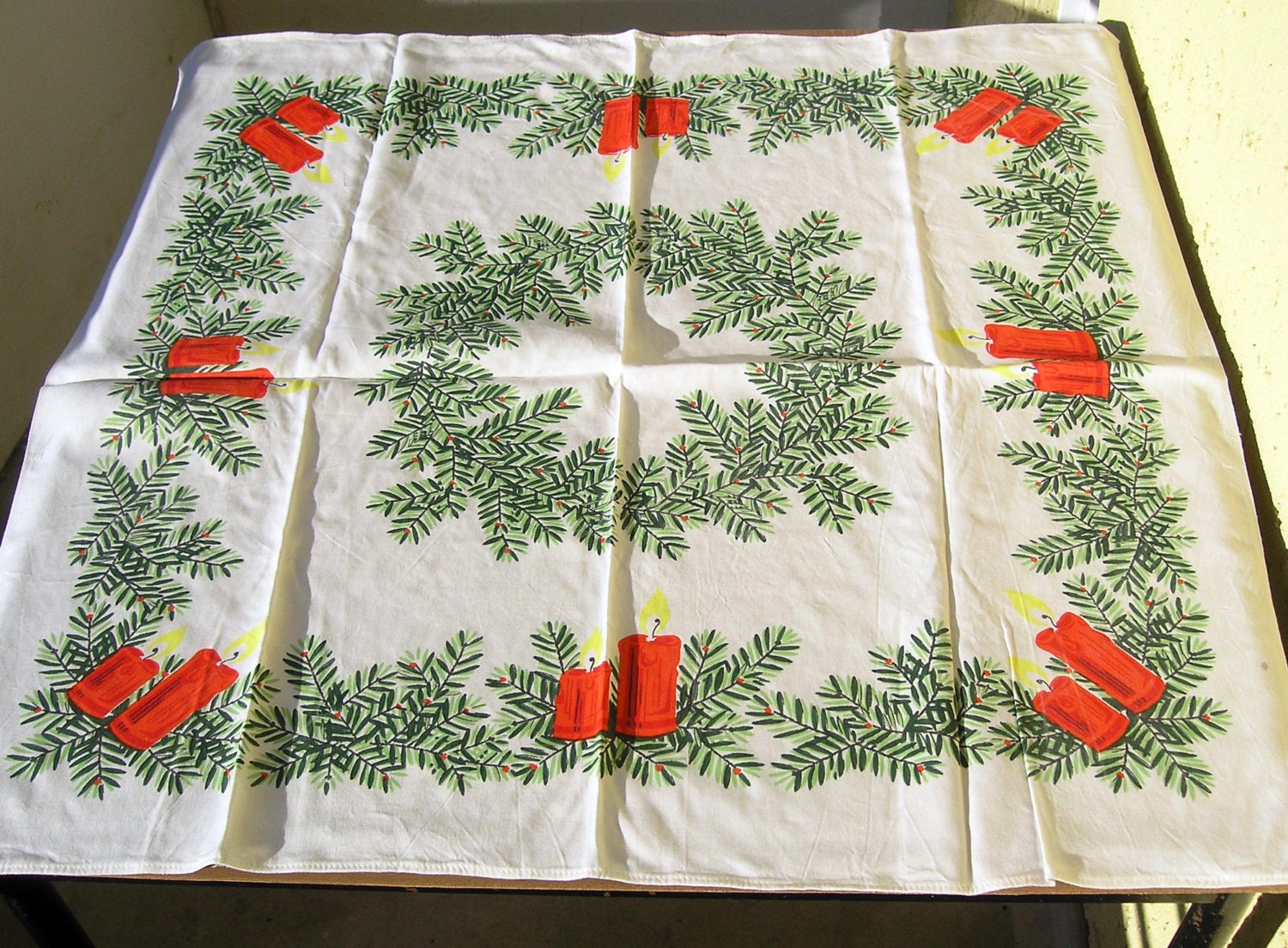 Vintage Christmas Tablecloth, Bright Candles Pine Leaves Tablecloth ...