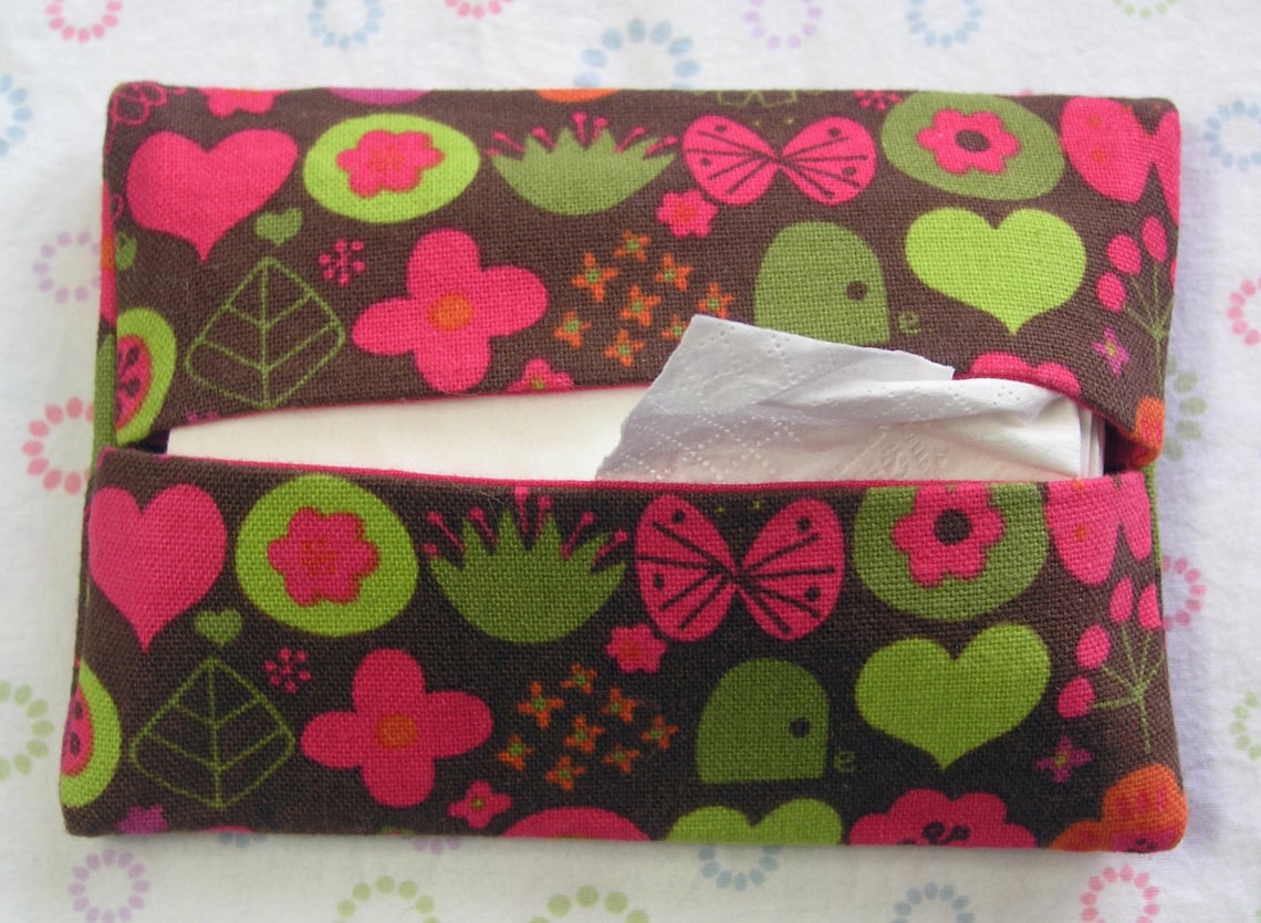 Handmade Tissue Holder, Pocket Tissue Holder, Brown Lime Magenta Floral ...