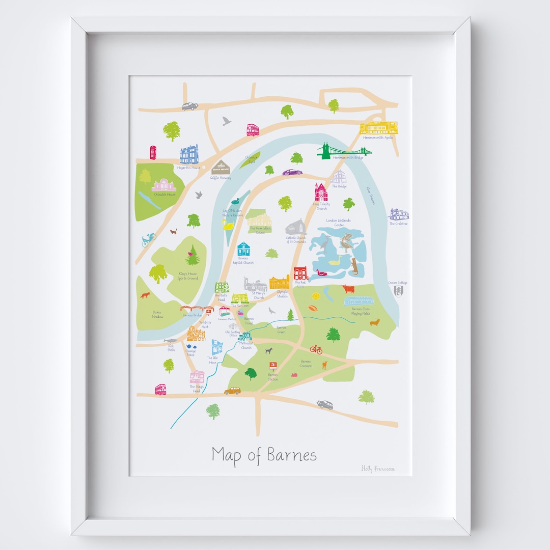 Map of Barnes Art Print | South West London Poster | Illustrated Barnes ...