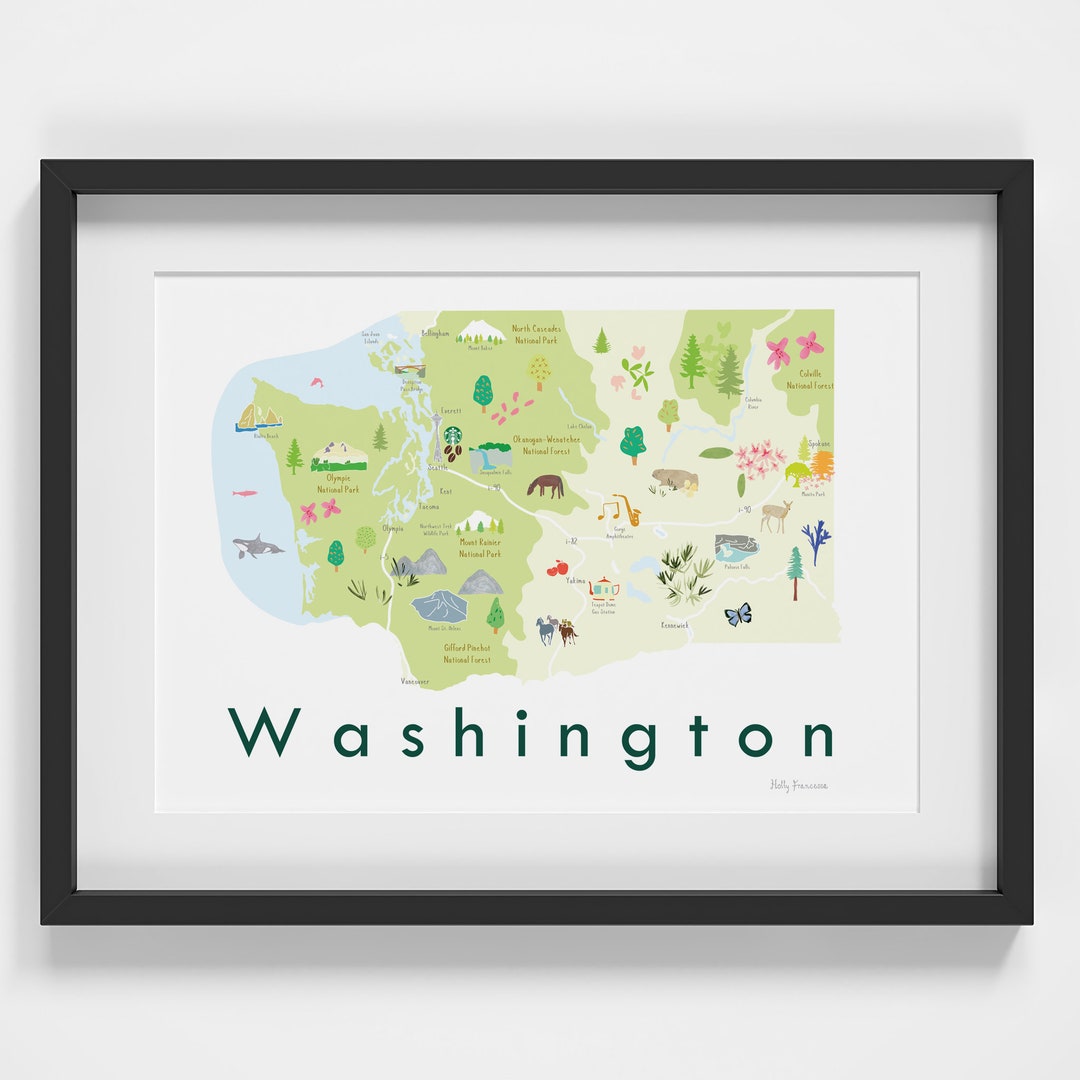 Map of Washington State Art Print | Illustrated USA Travel Poster ...