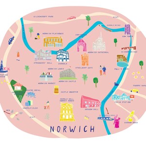 Map of Norwich City, Norfolk Illustrated Art Print – Historic City Map ...