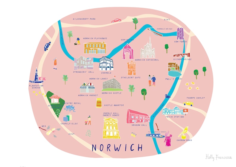 Map of Norwich City, Norfolk Illustrated Art Print - Etsy UK