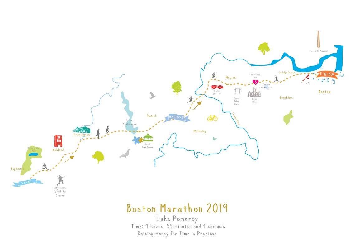 Boston Marathon Route Map Art Print (personalisation Included) - Boston ...