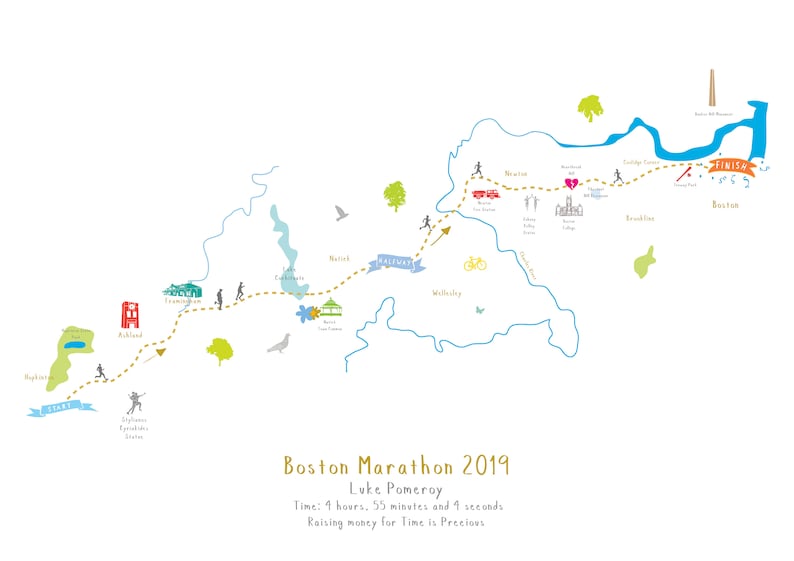 Boston Marathon Route Map Art Print (personalisation Included) - Boston ...