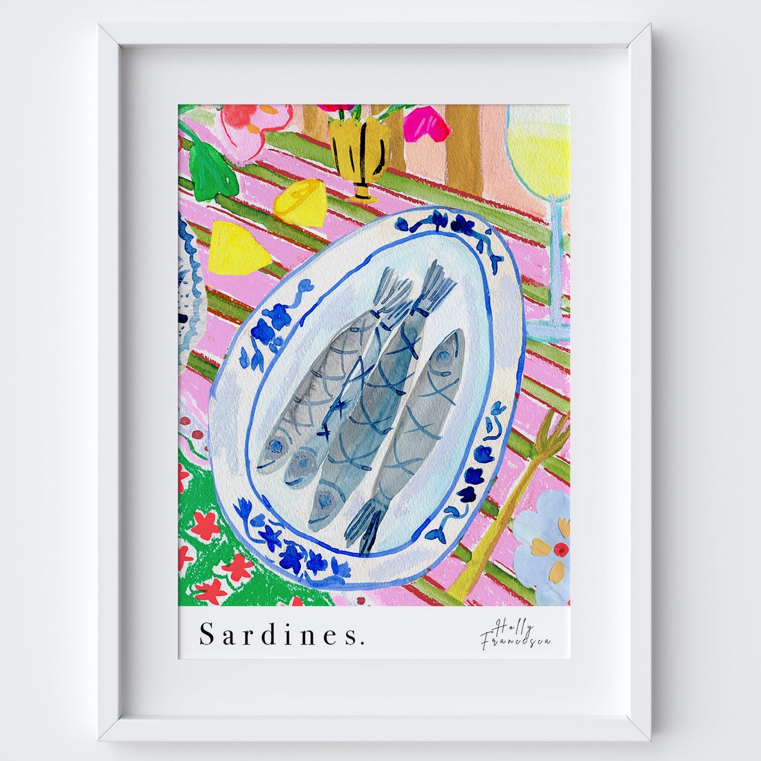 Portuguese Sardines Art Print - Grilled Sardines Watercolour Pastel Poster - Kitchen Poster ...