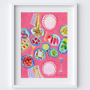 Greek Meze Table Scene Art Print - Watercolour Pastel Poster - Kitchen ...