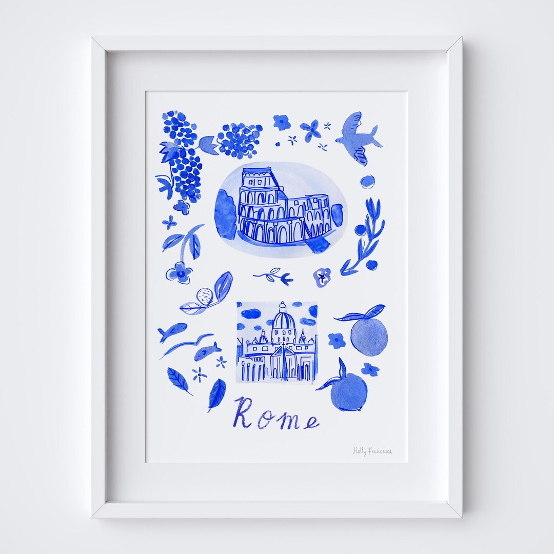 Rome Scenes Travel Poster - Italy Art Print - Blue Tile-inspired ...