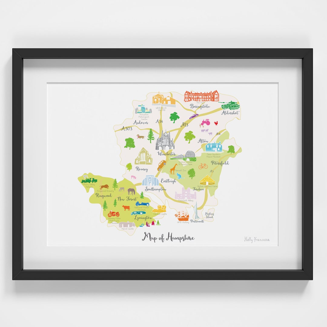 Map of Hampshire Art Print – Illustrated County Map Poster – South ...
