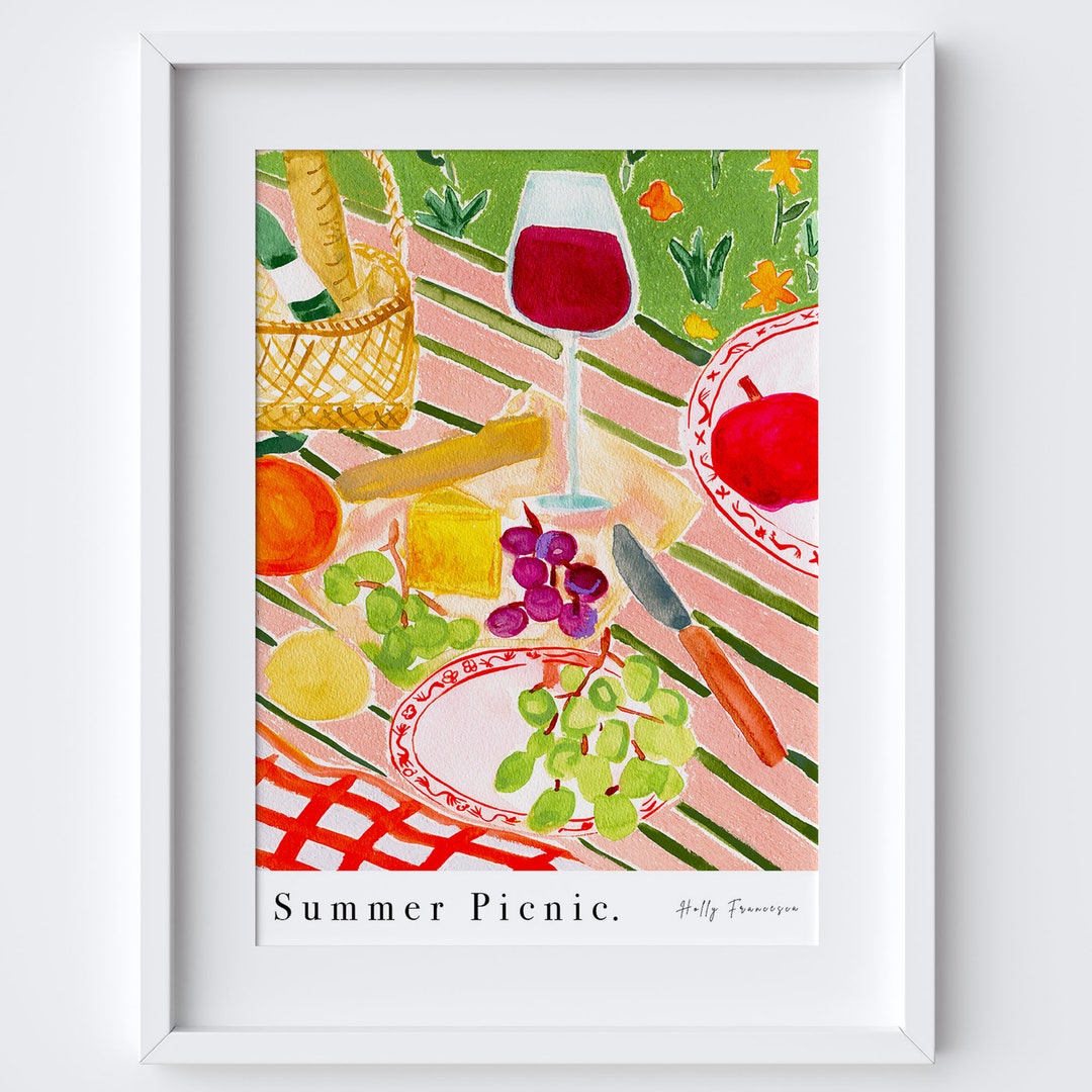 Wine & Cheese Summer Picnic Art Print - Watercolour Pastel Poster ...