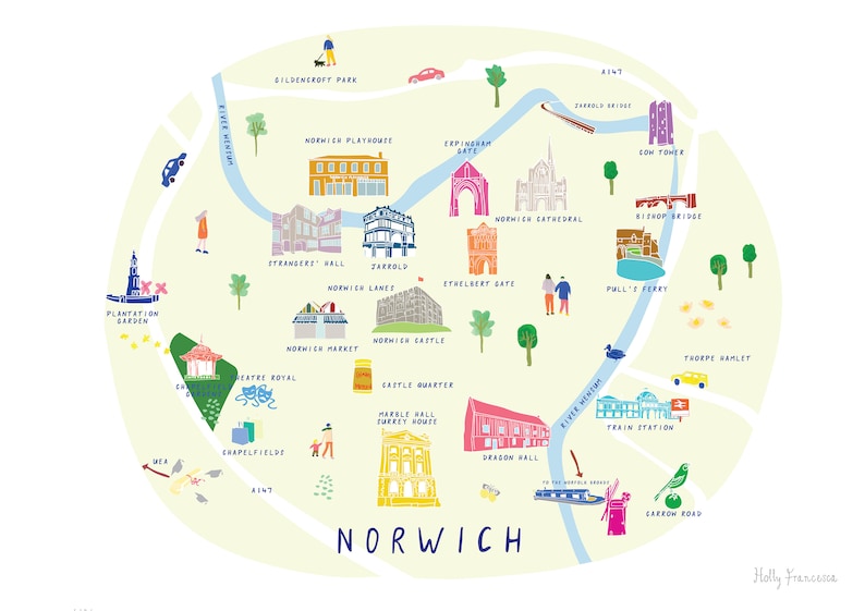 Map of Norwich City, Norfolk Illustrated Art Print – Historic City Map ...