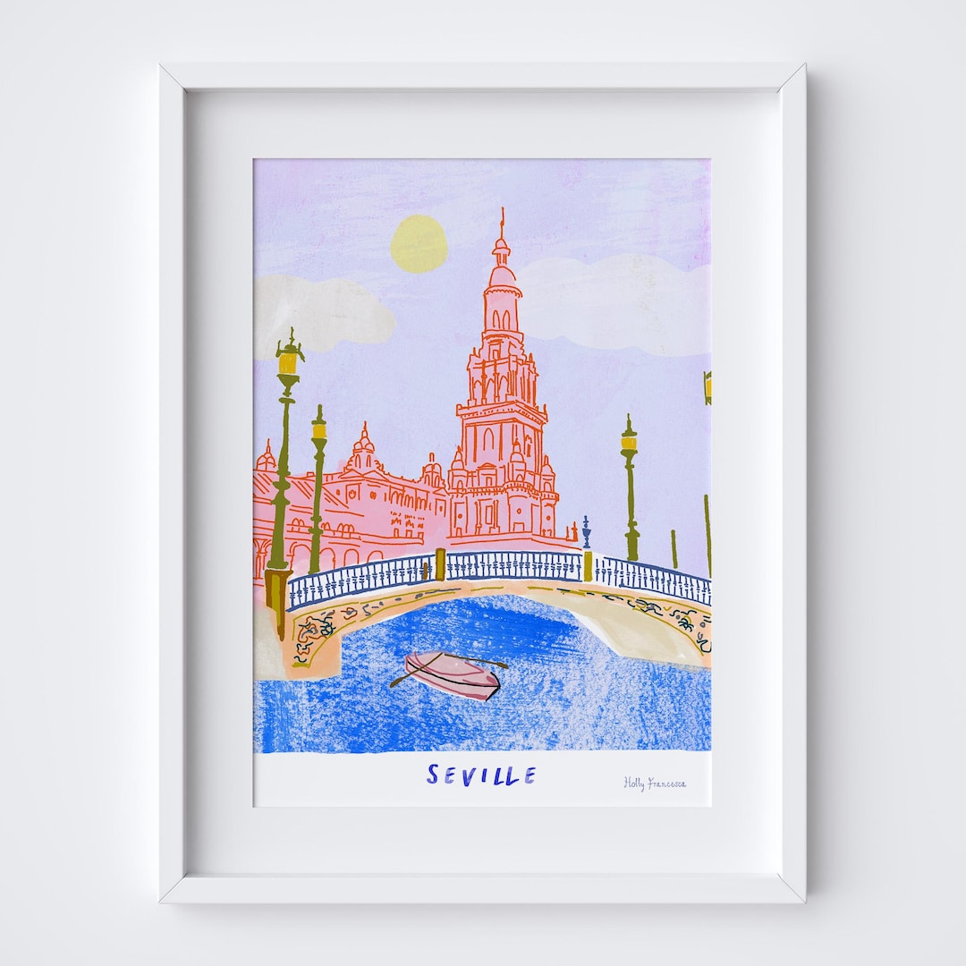 Seville Illustrated Poster - Plaza De Espana Art Print - Spain Travel ...