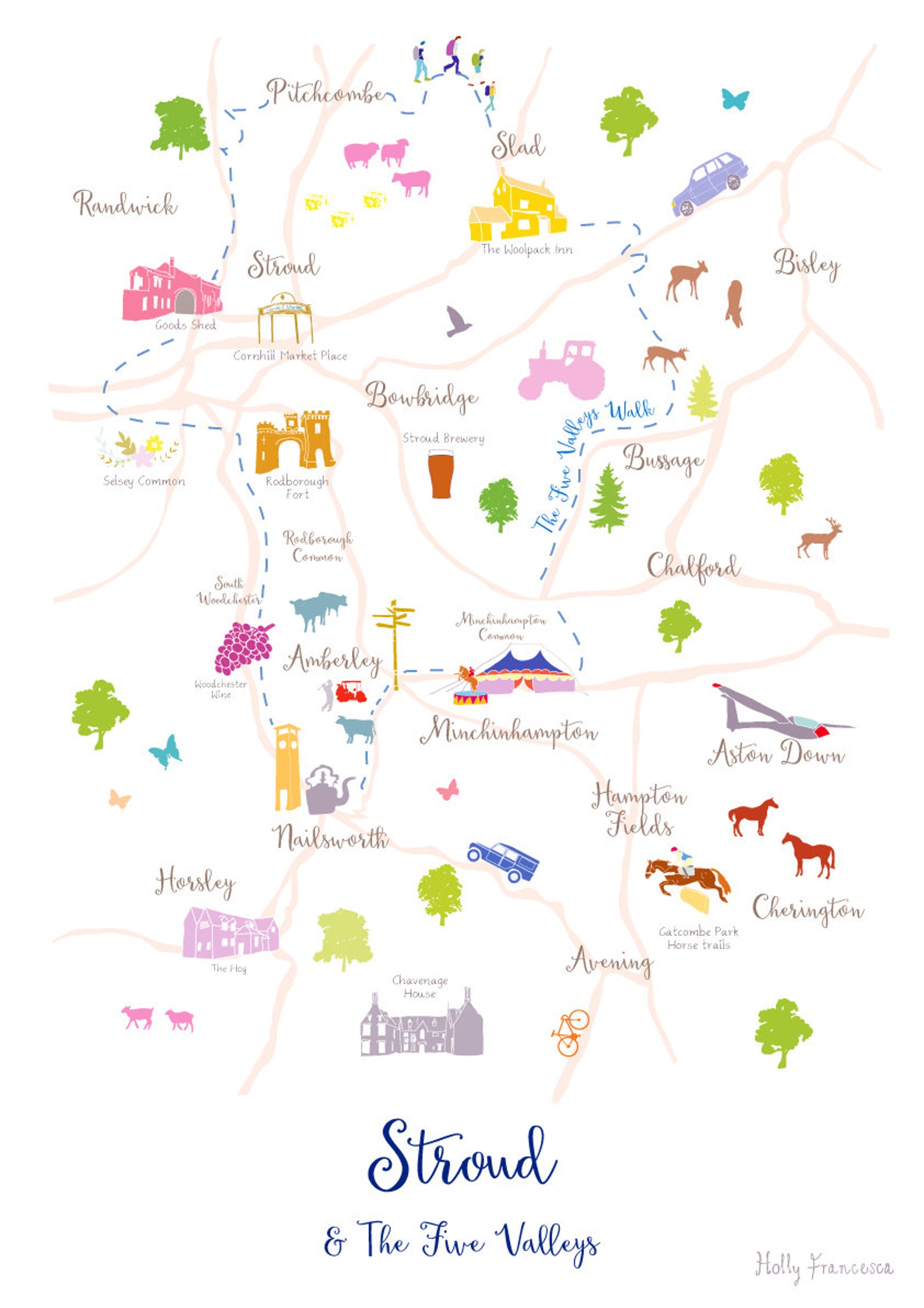 Map of Stroud & the Five Valleys Art Print - Cotswolds Travel Poster ...