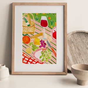 Wine & Cheese Summer Picnic Art Print - Watercolour Pastel Poster ...