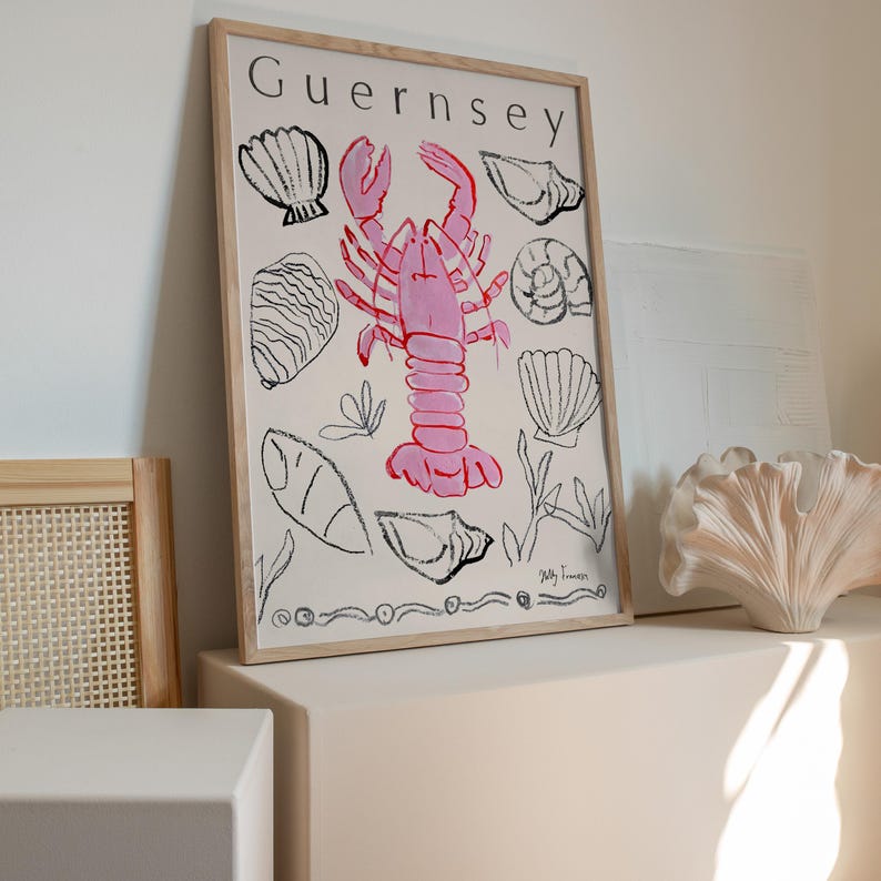 Guernsey Lobster & Shells Art Print - UK Channel Islands Poster - Add ...