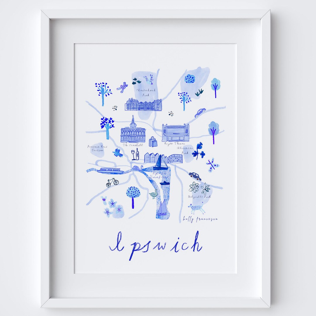 Ipswich Town Map - Blue Landmarks Travel Print - Suffolk Art Print ...