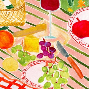 Wine & Cheese Summer Picnic Art Print - Watercolour Pastel Poster ...