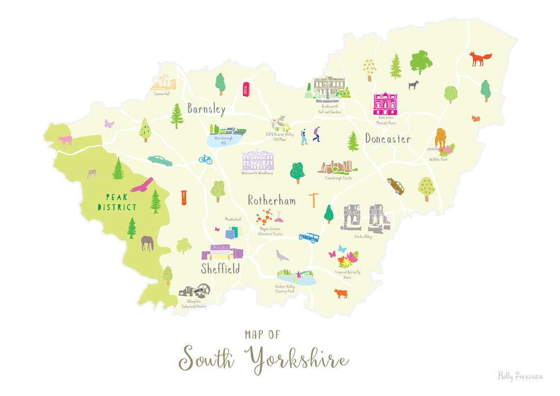 South Yorkshire Map Art Print | Illustrated County Wall Art | Yorkshire ...