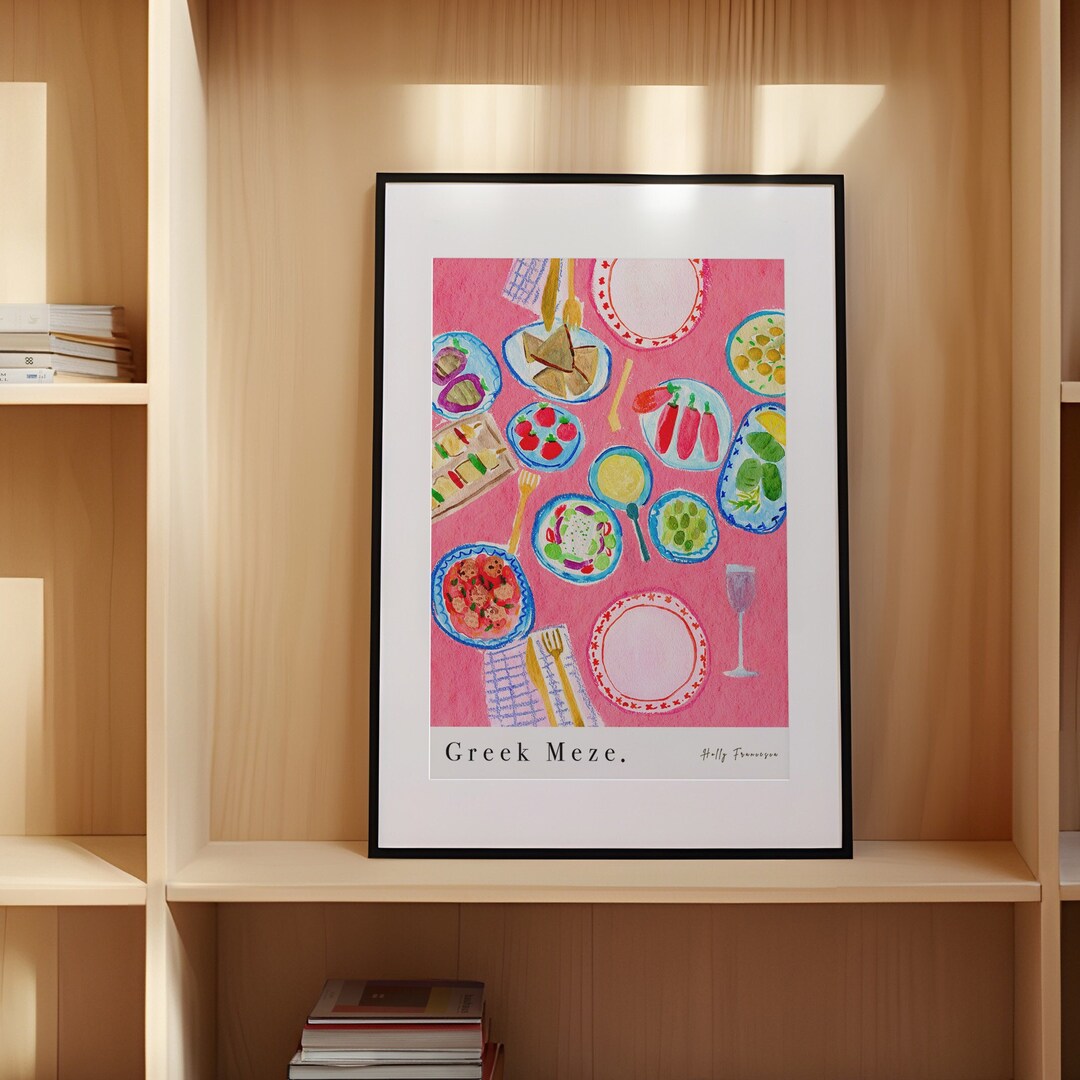 Greek Meze Table Scene Art Print - Watercolour Pastel Poster - Kitchen ...