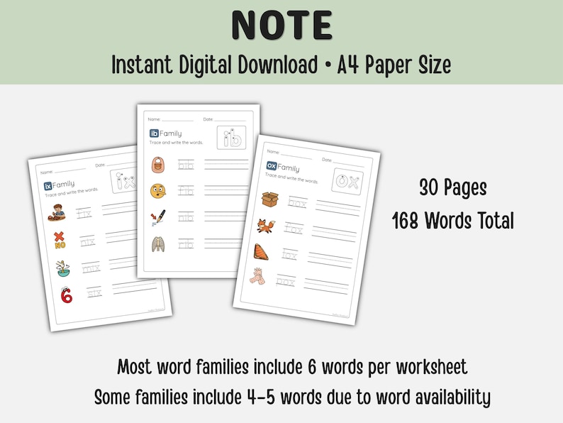 CVC Tracing Worksheets | Short Vowel Word Families Phonics Practice ...